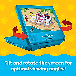 DP AUDIO Pinkfong Baby Shark 9'' Portable DVD Player for Kids with Matching Headphones and Carrying Bag, Compatible with CDs, DVDs, USB and SD Card, Swivel Screen