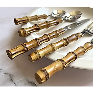 Nature Real Bamboo Handle Flatware 5-Piece Set, Stainless Steel 18/10 Food Safety Grade Silverware Cutlery Set Eating Utensils Matte Silver (Nature bamboo 5 pcs set)