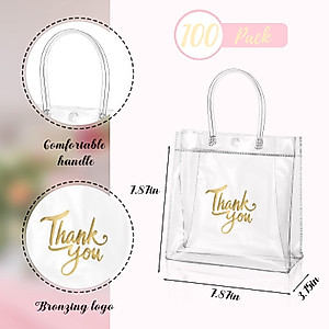 100 Pcs Clear PVC Plastic Gift Bags with Handle Thank You Gift Bags Reusable Transparent Bags Plastic Wrap Tote Bags Bulk Heavy Duty Gift Clear Plastic Favors Bags 7.8 x 7.8 x 3.1 Inch