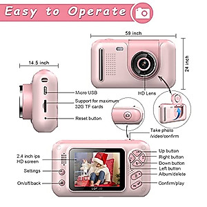 Kids Camera, Kids Digital Camera with Flip Lens, HD Digital Video Cameras for Toddler,Christmas Birthday Gifts and Portable Toy for 3 4 5 6 7 8 9Year Old with 32GB SD Card-Pink