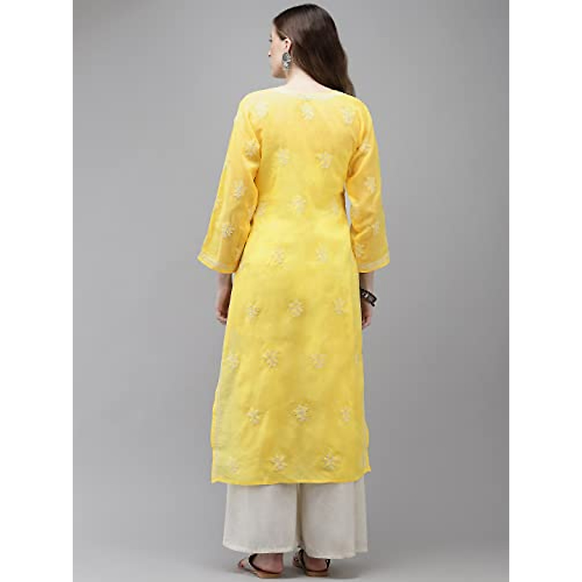 Ada Indian Hand Embroidered Chikankari Women's Cotton Straight Tunic Kurti Kurta A411345 (Yellow, 5XL)