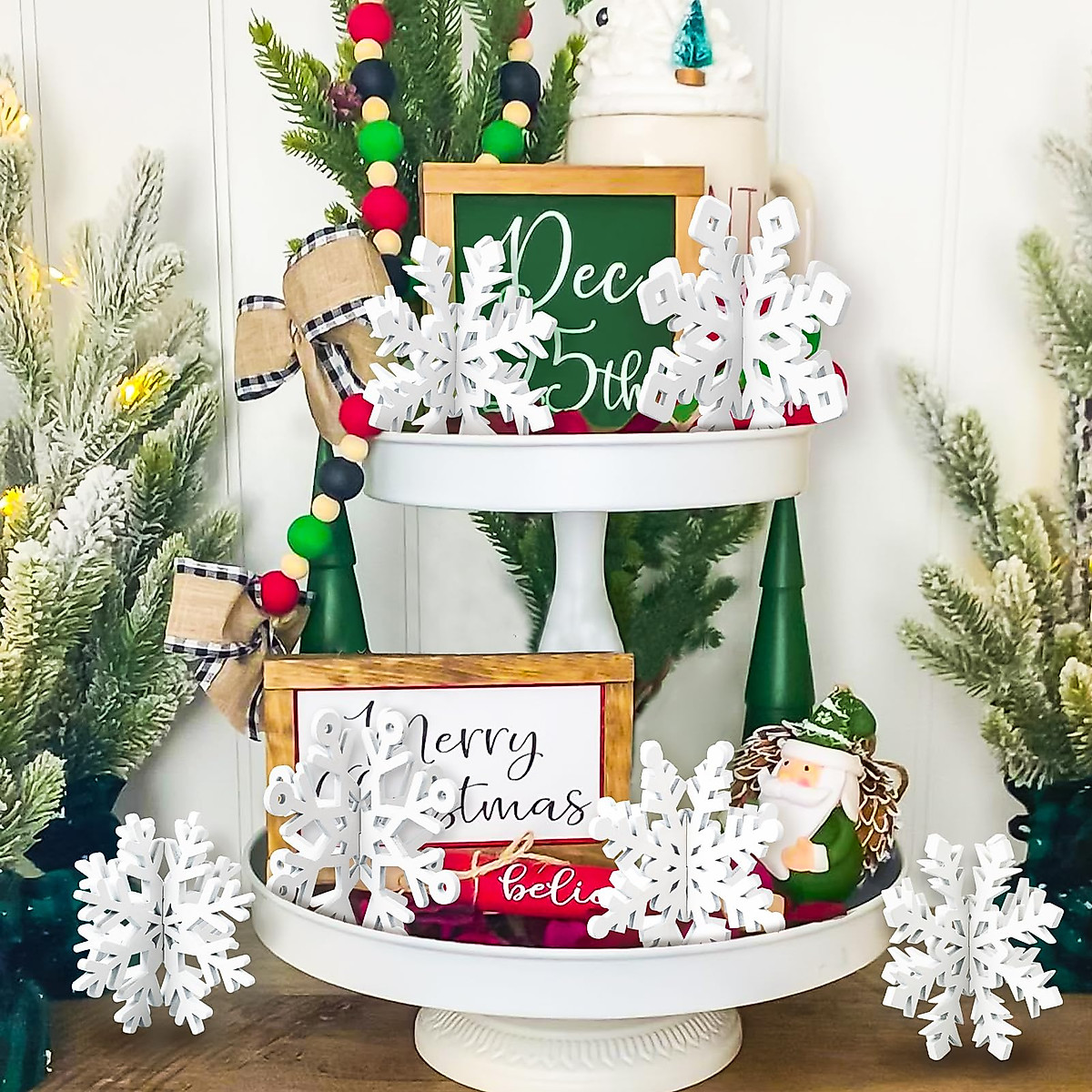 OuMuaMua 6 Set Snowflake Christmas Table Decorations - 12pcs White Wooden 3D Snowflake Decor Tabletop Centerpiece for Christmas Party Supplies Home Decor