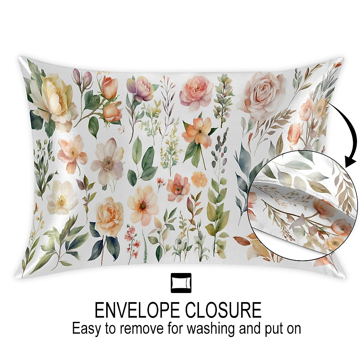 Flowers Peony Roses Satin Pillow Cases Silk Satin Pillowcase for Hair and Skin Standard Set of 2 Super Soft Silk Pillowcase with Envelope Closure (20x26 in)