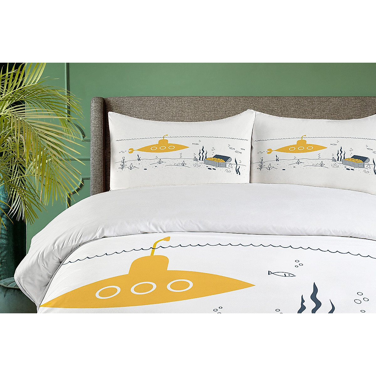 Ambesonne Yellow Submarine Duvet Cover Set, Submarine Fish and a Treasure Chest on The Sea Bottom Print, Decorative 3 Piece Bedding Set with 2 Pillow Shams, California King, White and Earth Yellow