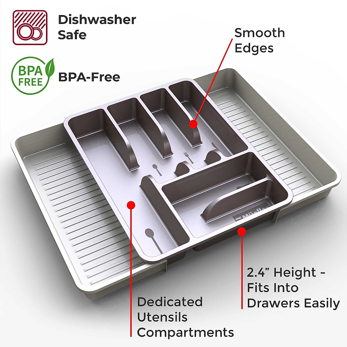 Mueller Large Flatware Kitchen Drawer Organizer, Expandable 19.7" x 15" Silverware Organizer, 6 Compartments, Heavy-Duty, Cutlery Tray for Utensils or Stuff, Dining Room, Living Room, Beige Mocha