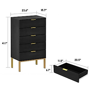 FAMAPY Chest of Drawers 5-Drawer Dresser with Straight Gold Metal Legs, Wood Storage Chest Drawer Organizer Large Storage for Bedroom Black (23.6”W x 15.7”D x 41.1”H)