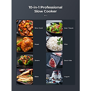 AMEGAT Slow Cooker 6 Quart, 10 in 1 Programmable Cooker, Rice Cooker, Sauté, Steamer & More, Stainless Steel Inner Pot, Steaming Rack & Glass Lid, Delay Start, Adjustable Temp & Time with LED Display