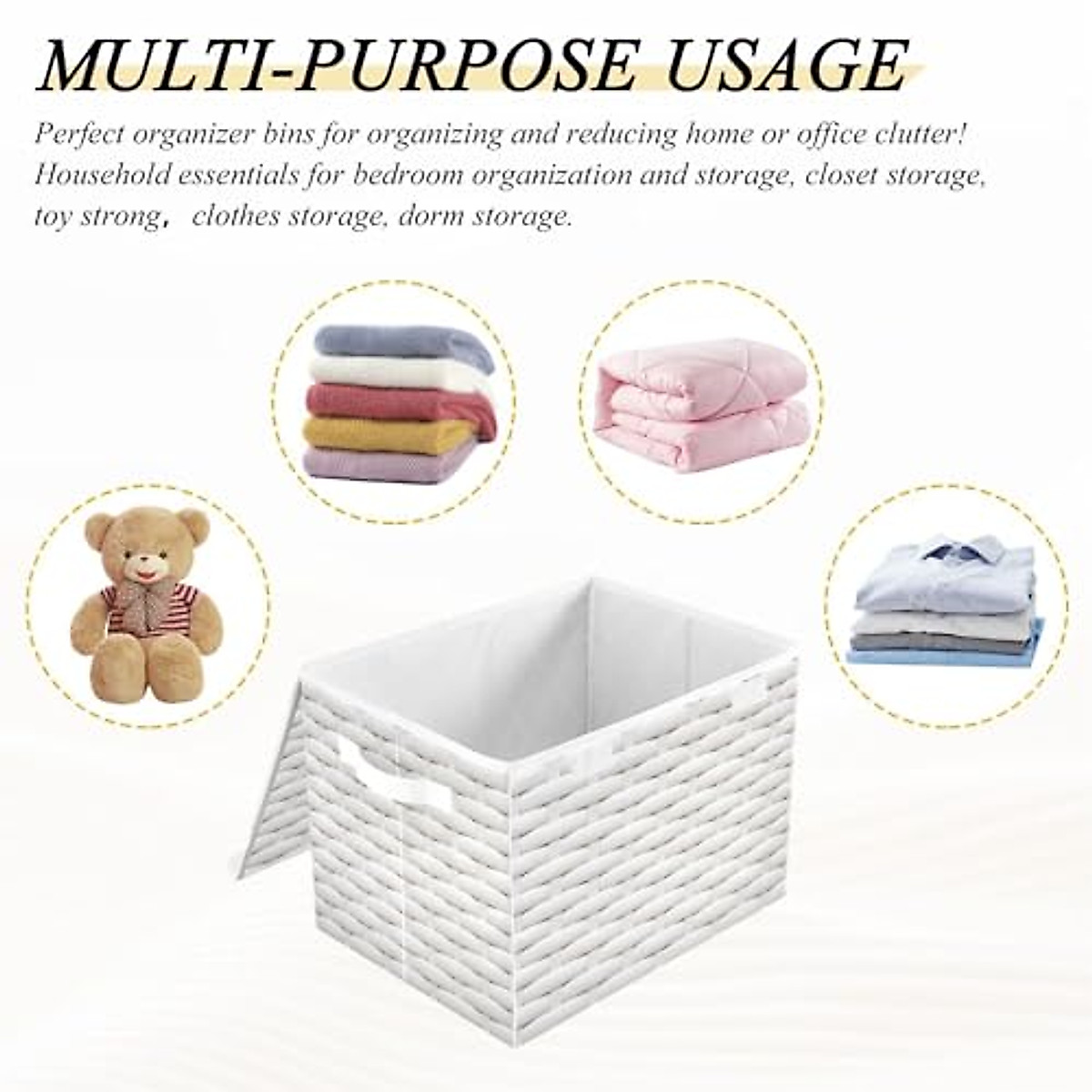 DIGTIA White Weave Texture Storage Bins with Lids Unique Foldable Storage Basket with Handles Collapsible Large Fabric Organizer Containers for Clothes Shelves Closet Office Home Bedroom
