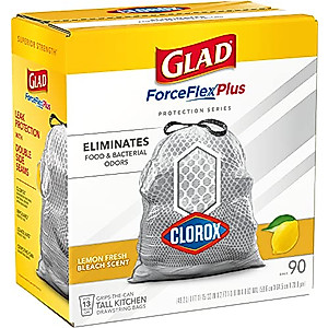 GLAD ForceFlexPlus Tall Kitchen Trash Bags, 13 Gallon Trash Bags for Tall Kitchen Trash Can, Lemon Fresh Bleach Scent to Eliminate Odors, 90 Count (Package May Vary)