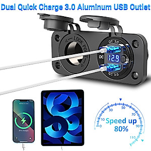 Cigarette Lighter Socket 12V Power Outlet, Qidoe Aluminum 40W Dual QC3.0 USB Charger Socket with LED Voltmeter Switch,150W DC Lighter Socket Waterproof 12V Plug Panel for Car Boat RV Marine Golf Cart
