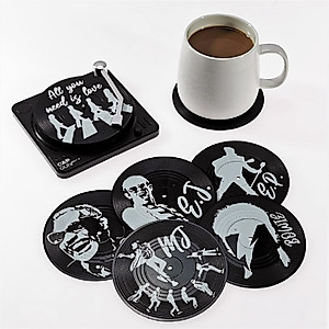 REDIVA Vinyl Record Coasters for Drinks with Record Player Holder, 6 Pcs Retro and Legendary Coasters Set, Funny Coasters for Music Lovers, Housewarming Hostess Gifts, Birthday Gift Ideas