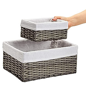Set of 4 Wicker Storage Baskets with Liners for Shelves, Decorative Woven Nesting Bins for Organizing Pantry, 2 Sizes (Grey)
