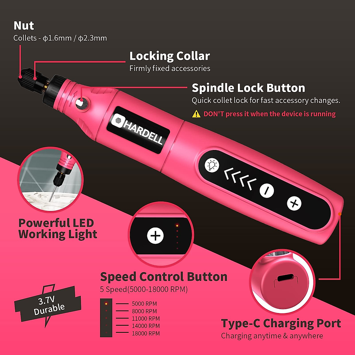 HARDELL Mini Cordless Rotary Tool, 5-Speed 3.7V rechargeable Kit with 61 Accessories, USB Charging Multi-Purpose Power Tool for Sanding, Polishing, Drilling, Etching, Engraving, DIY Crafts