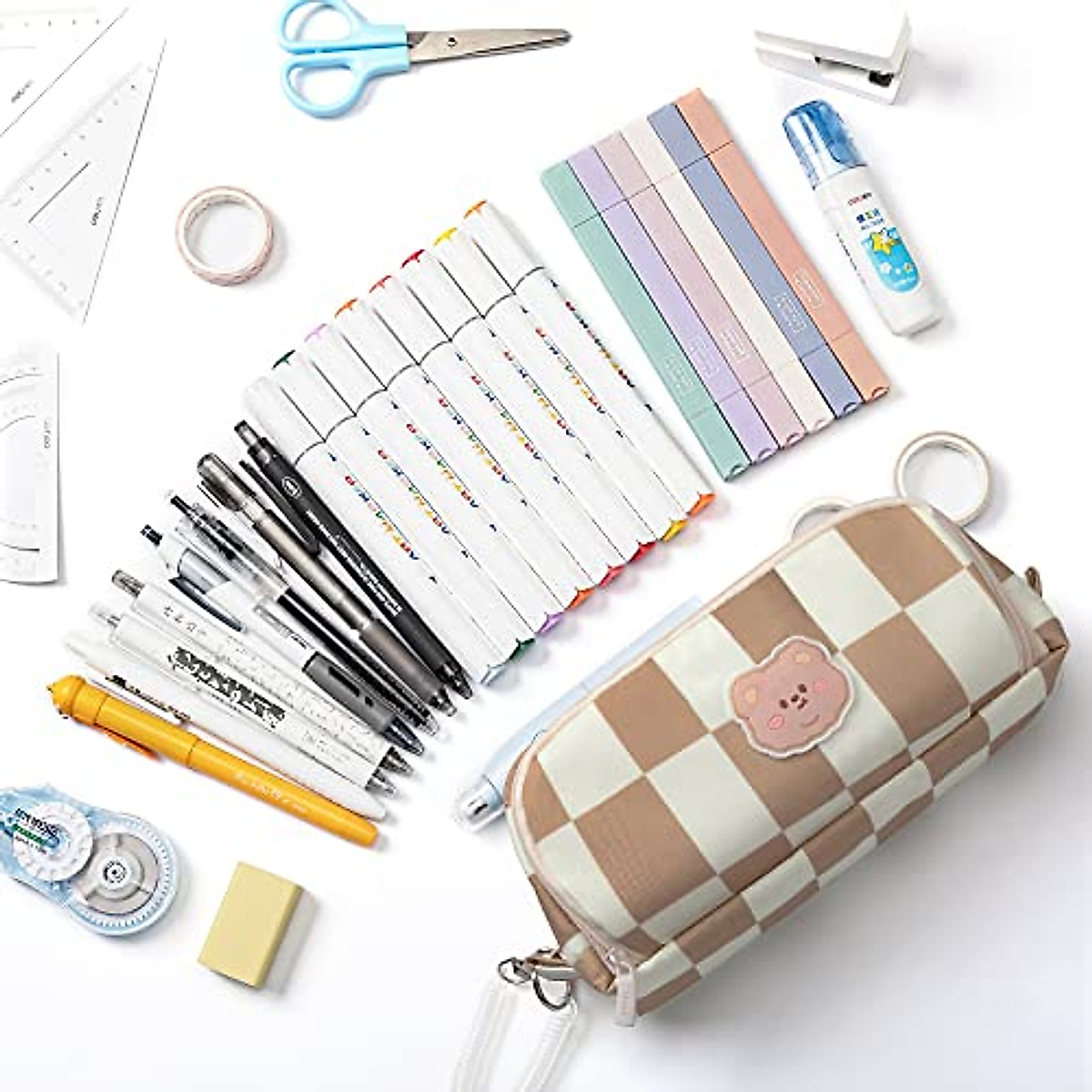 Joyask Large Capacity Canvas Pouch Storage Bag with Removable Spring Strap Checkerboard Plaid for Office Work Art (Brown White Plaid)