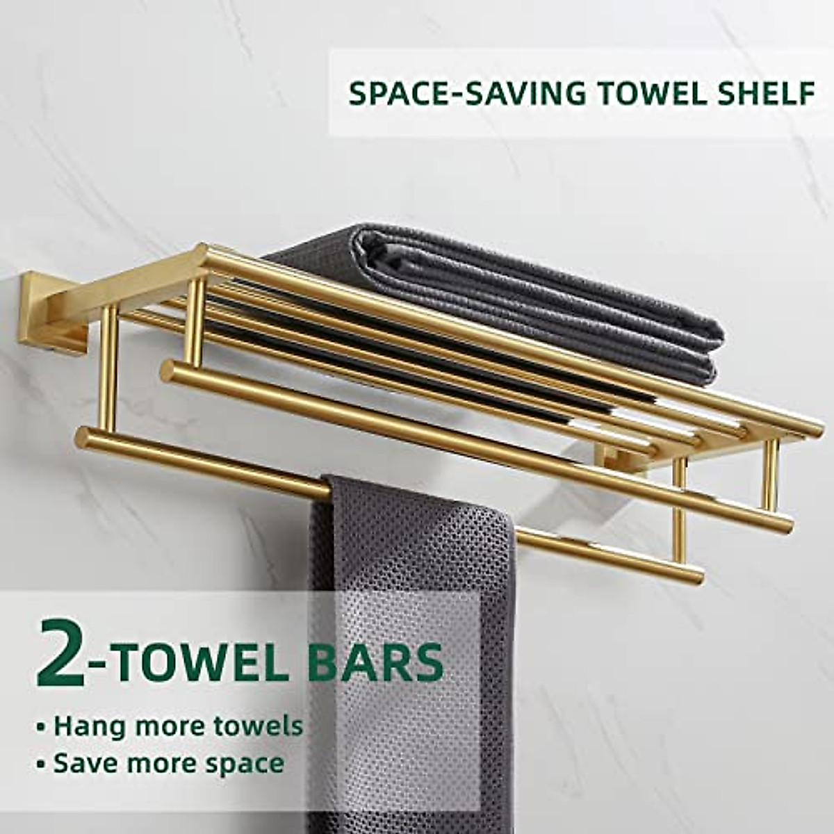 VELIMAX Bathroom Towel Rack, Bathroom Shelf with Towel Bar, Gold Towel Rack Wall Mounted, 18/8 Stainless Steel, Contemporary, Heavy Duty and Rustproof, 23.6-Inch