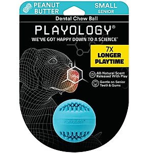 Playology Senior Dental Chew Ball Peanut Butter Dog Toy, Small