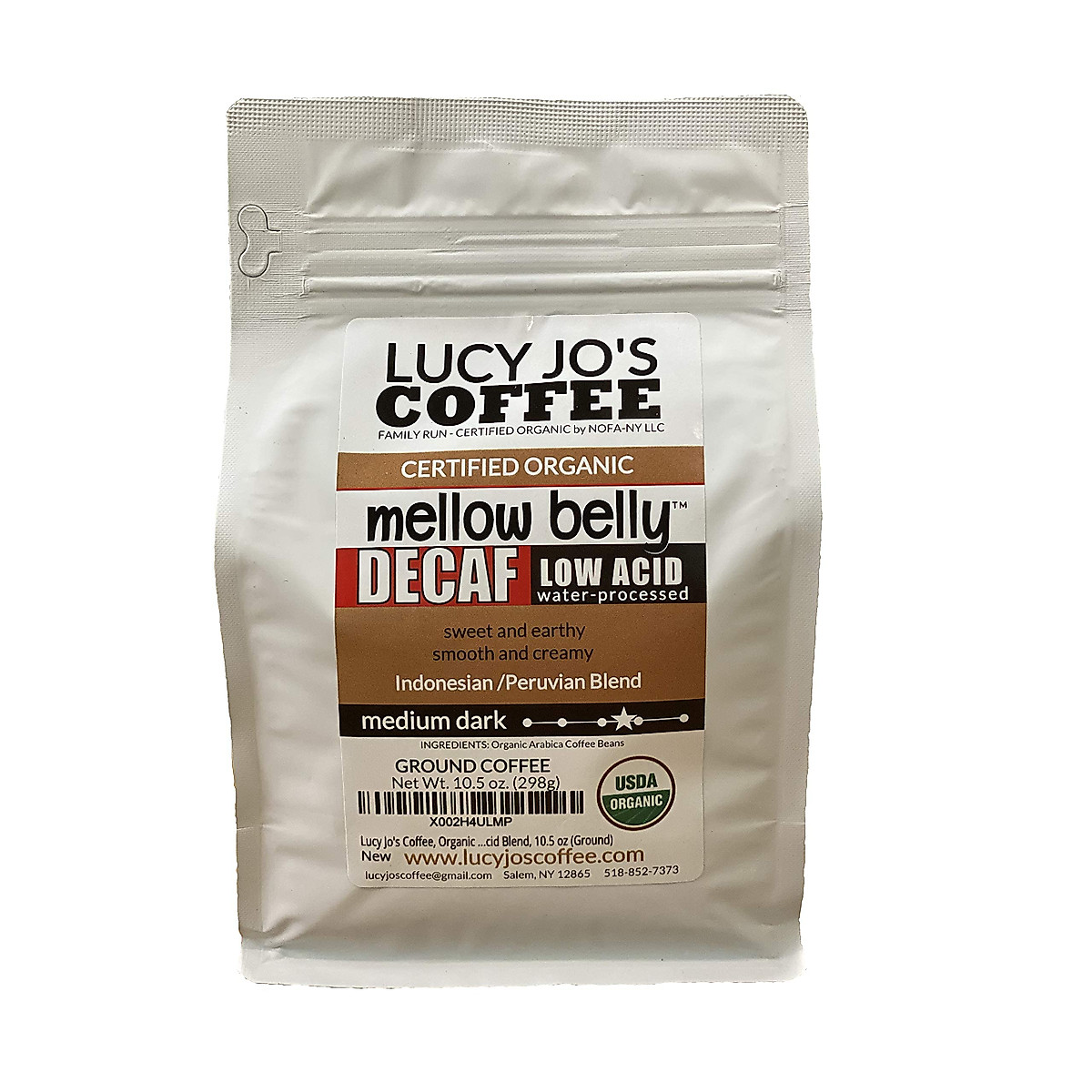 Lucy Jo's Coffee, Organic Decaf Mellow Belly Low Acid Blend, Medium Dark, 10.5 oz (Ground)