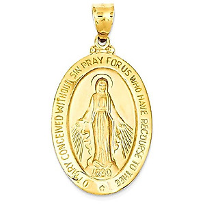 IceCarats 14K Yellow Gold Our Lady of Miraculous Medal Blessed Virgin Mary Necklace Charm Pendant 38mm x 20.5mm Only