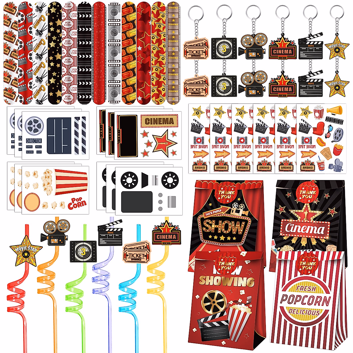 Movie Night Party Favors 72 PCS Movie Theater Slap Bracelets Temporary Tattoos DIY Stickers Keychains Plastic Straws Gift Bags for Kids Movie Night Carzy Birthday Party Gift Baby Shower Goodie Bag Fillers Movie Party Supplies