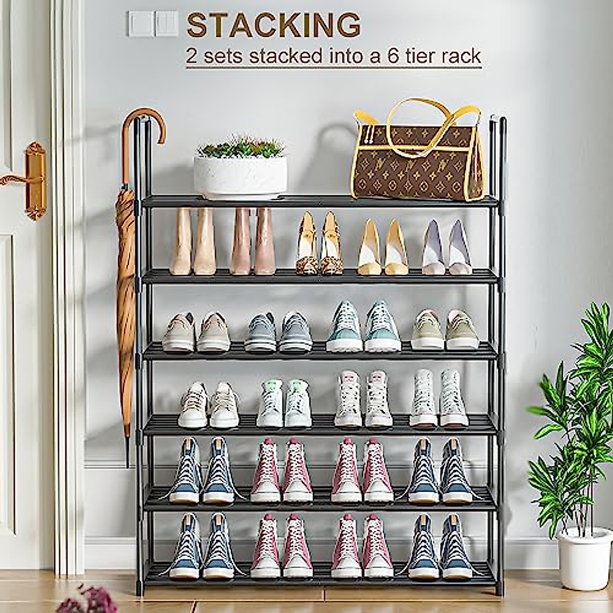 OYREL Shoe Rack for Closet Sturdy Storage Metal Organizer Entryway Shoes Over The Door Shelf Zapateras Free Standing Racks,3 Tier Large Rack, Black