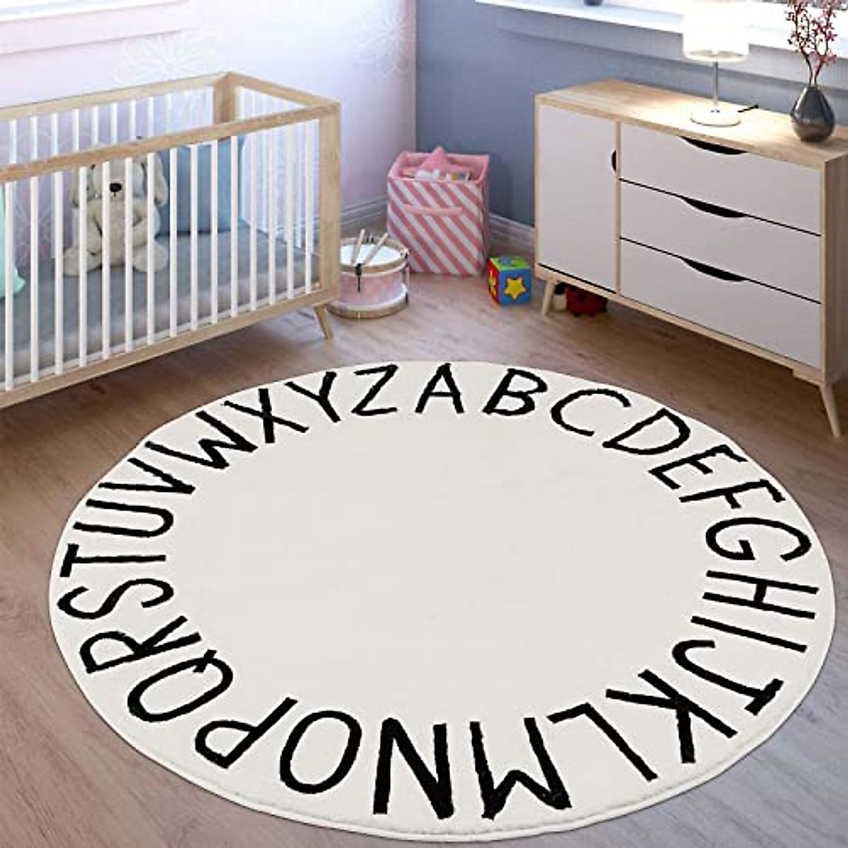 HEBE 4ft Round Kids ABC Rug Alphabet Nursery Rug for Bedroom Playroom Non Slip Educational Playmat Round Circle Carpet for Classroom Infant Toddlers,Milk White