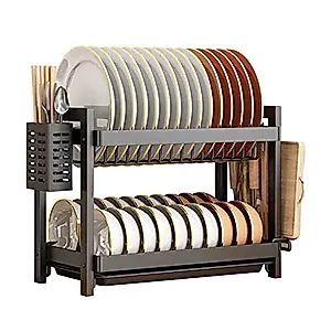 Kitchen Counter Dish Drainer Rack, with Utensil & Cutting Board Holder & Drip Tray, Multi-Function Large Capacity Dish Drain Rack,Black,2 Tier