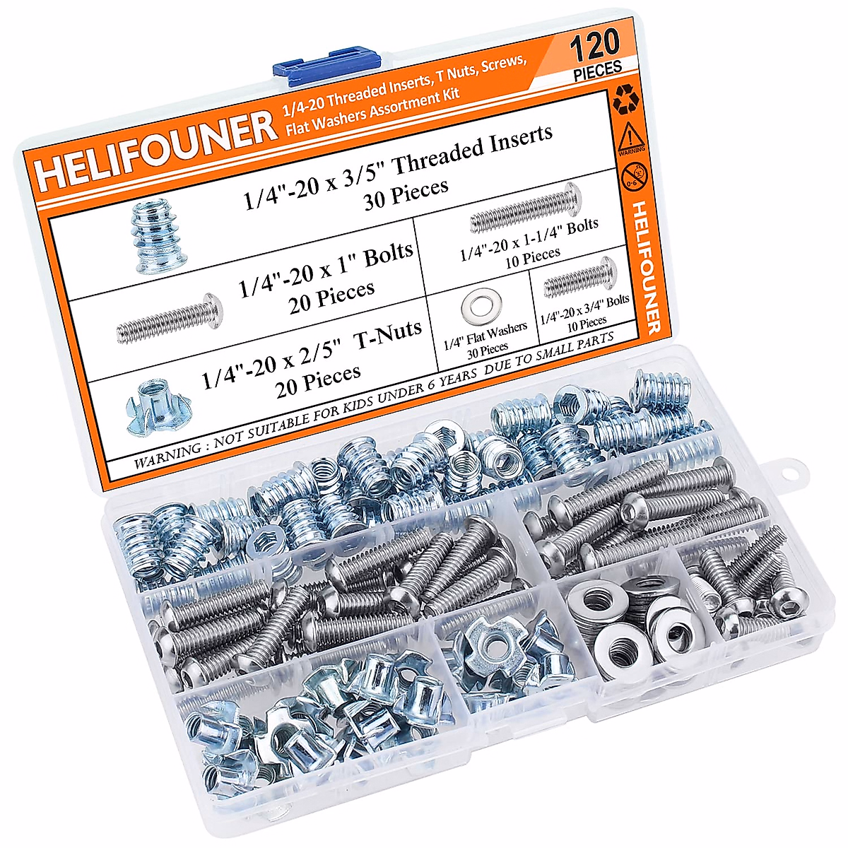 HELIFOUNER 1/4"-20 Threaded Inserts for Wood Furniture, 1/4"-20 T Nuts, 1/4-20 x 3/4", 1", 1-1/4" Button Head Socket Cap Screws, 1/4" Flat Washers Assortment Kit, 120 Pieces