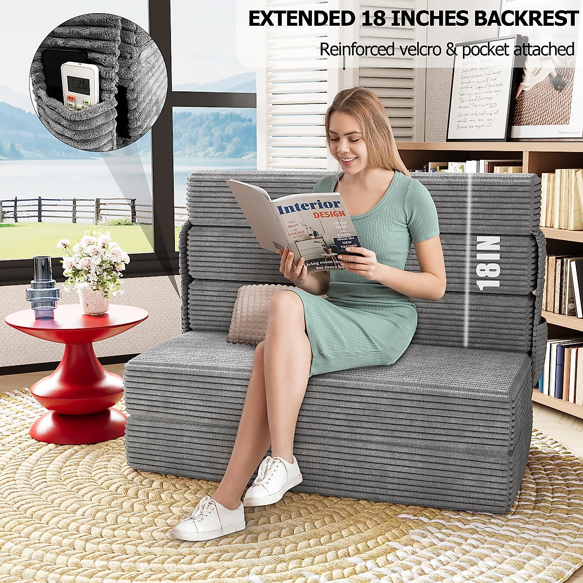 Slumbrae Folding Sofa Bed, 6" [Twin] Foldable Sofa Mattress with Back Support & Fixed Velcro for Living Room & Office, Grey, 75" * 38"