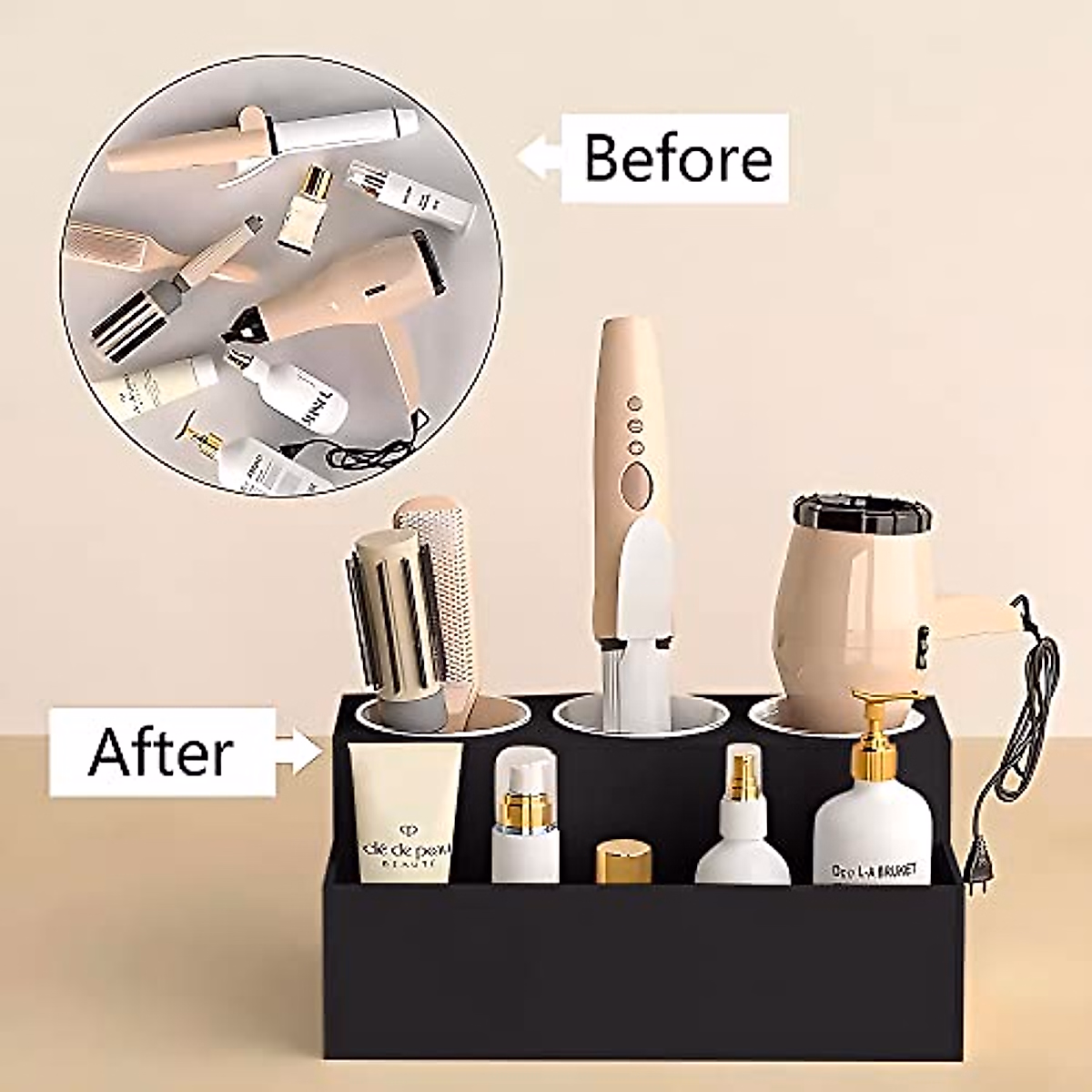 Happy start Acrylic Hair Tool Organizer - Blow Dryer Holder, Hair Styling Tools & Accessories Organizer Vanity Caddy Storage Stand with Heat Resistant Stainless Steel Cups (Regular, Black)