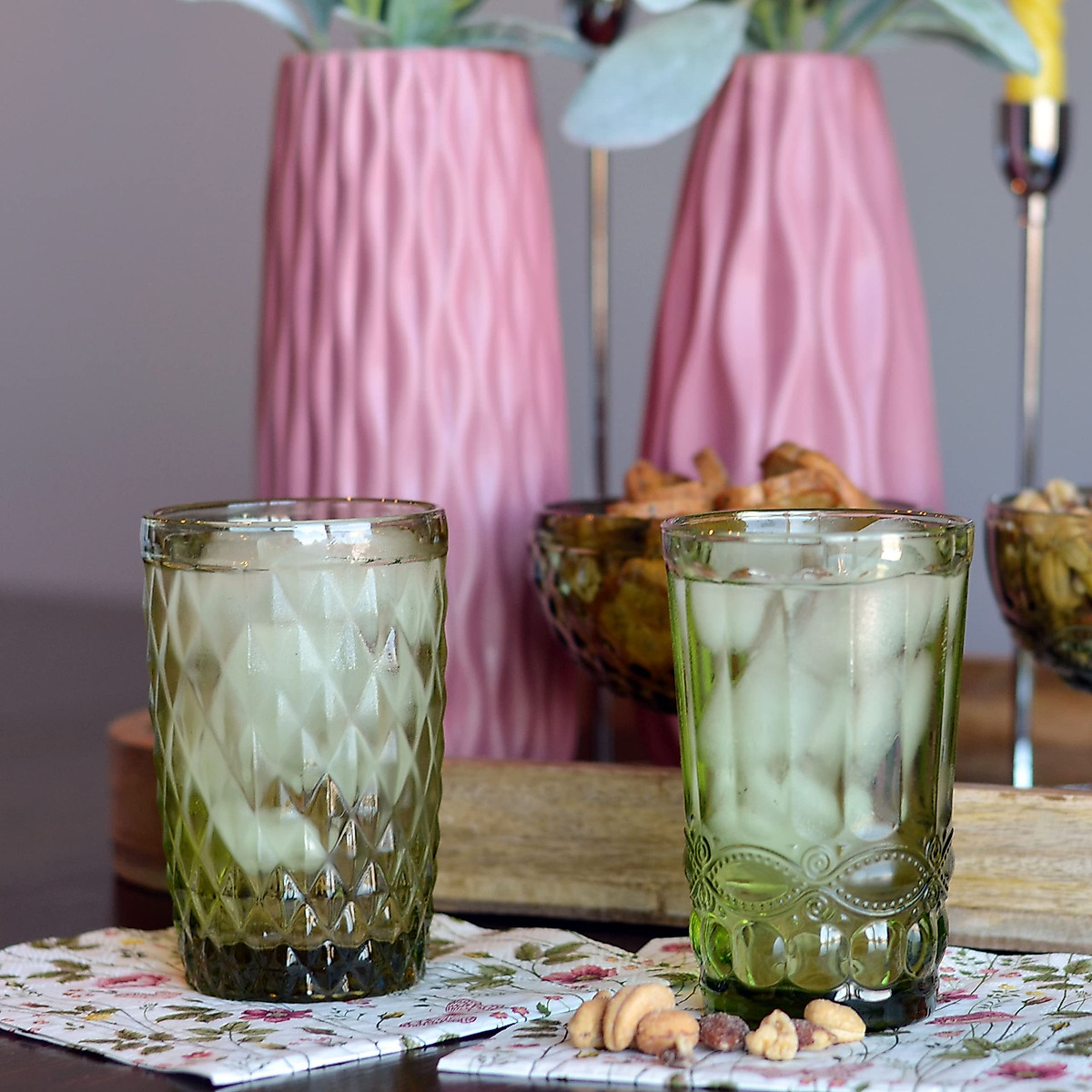 WHW Whole House Worlds Baroque Highball Tumbler Glasses, Set of 6, Translucent Green, Glass, Weighted, 12 Fluid ounces/ 300 ml, 5 Inches Tall, Faceted and Beaded Arabesque Patterns