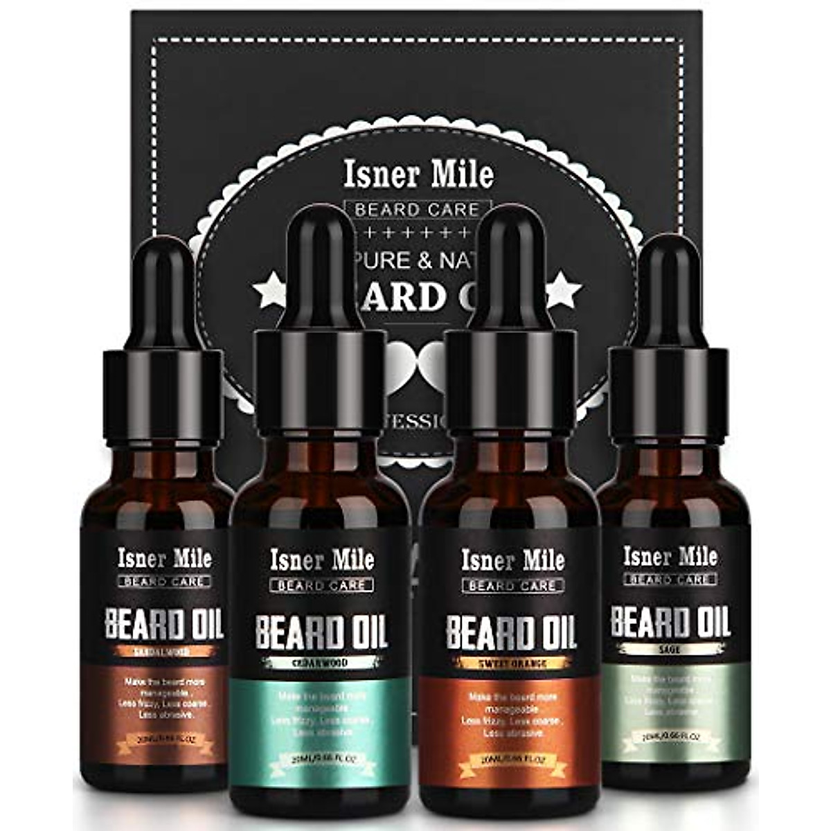 4 Pack Beard Oil Set Leave in Conditioner, Cedarwood, Sandalwood, Sage, Sweet Orange for Men Mustaches Growth, Soften, Moisturizing, Strength, Stocking Stuffers Gifts for Him Man Dad Father Boyfriend