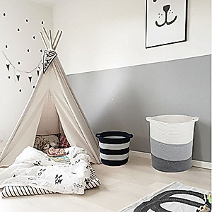 Orino 18"x16" Extra Large Storage Baskets with Handle-Cotton Rope Laundry Basket-Toy Storage Organizer-Soft Baby Kid Nursery Hamper Organizer-Tall Woven Basket Toy Storage Bin(Black+Grey+Beige)