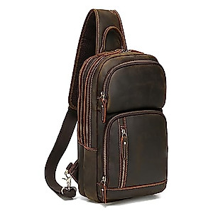 LANNSYNE Full Grain Leather Sling Bag For Men Crossbody Chest Daypack fits 12.9" iPad