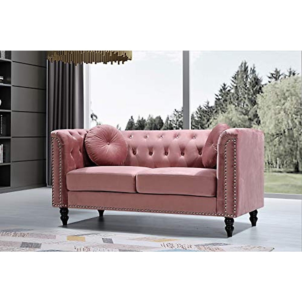 Container Furniture Direct Kittleson Velvet Chesterfield Loveseat for Living Room, Apartment or Office, Mid Century Modern Diamond Tufted Couch with Nailhead Accent, 64.17", Natural Pink