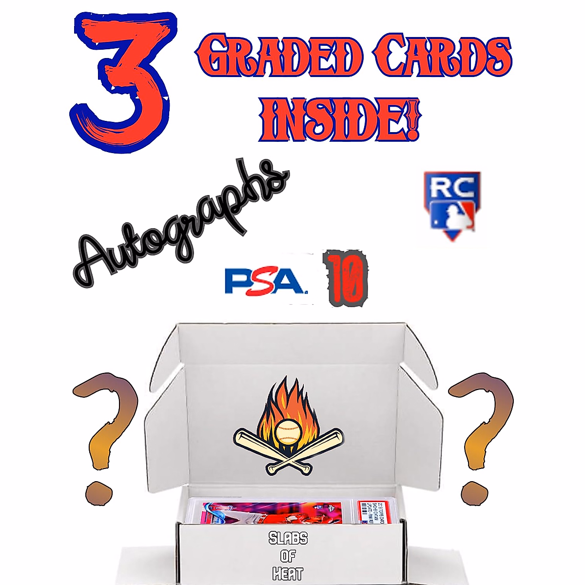 Three Graded Baseball Cards Gift Box: MLB Edition │Three Premium PSA/BGS Graded 10, 9.5 or 9 Cards │Potential Rookie Autographs & Numbered RC Refractors│Gift for Baseball Fans│by Slabs of Heat