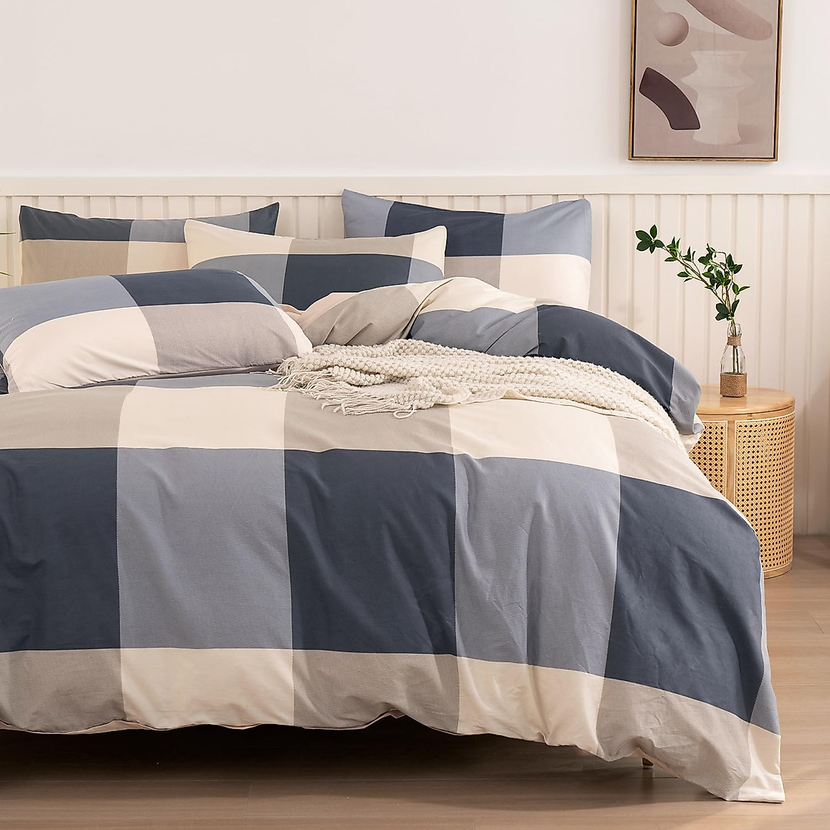 Plaid Duvet Cover Queen, 100% Cotton 3 Pieces Plaid Bedding Sets Queen, Checkered Pattern Cotton Grid Plaid Duvet Cover Set Queen (Plaid, Queen)