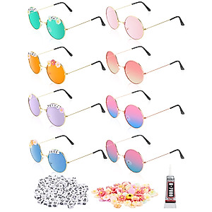 8 Pairs DIY Adult Round Sunglasses Hippie Circle Sunglasses with 200 Letter Beads 50 Daisy Beads and Glue for Women Men (Cute Color)
