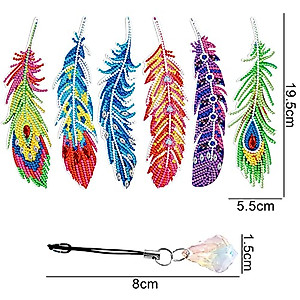 Feather Bookmark Diamond Painting Kit - pigpigboss 6 Pack DIY Acrylic Bookmark with Tassel Floral Bookmark Diamond Painting Art Feather Bookmark Diamond Dots for Adult Kid