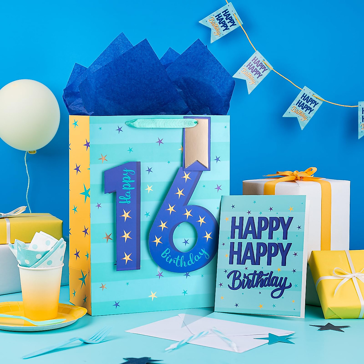 Loveinside Birthday Blue Gift Bag with Tissue Paper, Gift Tag and Greeting Card for Birthday, Party, Baby Shower and More - 10" x 5" x 13", 1 Pcs - 16 Years Old Birthday Boy