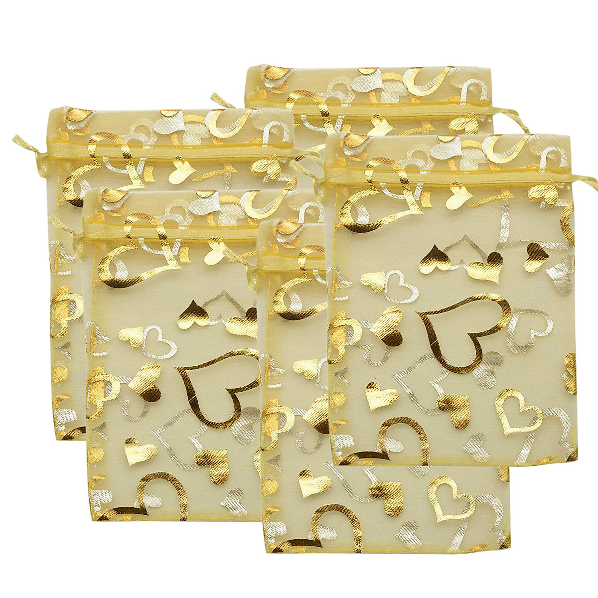 YYaaloa 100PCS Mini Sheer Heart Mixed Organza Bags 7X9 cm/2.7X3.5 inches, Drawstring Chic Gift Beauty Bags, Wedding Favor Bags Candy Jewelry Gift Bags (Gold, 2.7x3.5 inch)