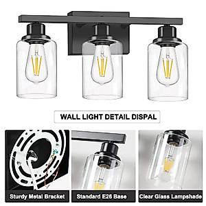 DIKAIDA 3-Light Bathroom Light Fixtures, Black Bathroom Vanity Light with Clear Glass Shade, Modern Bathroom Wall Lights Over Mirror, Farmhouse Wall Sconces Lighting for Bedroom LivingRoom