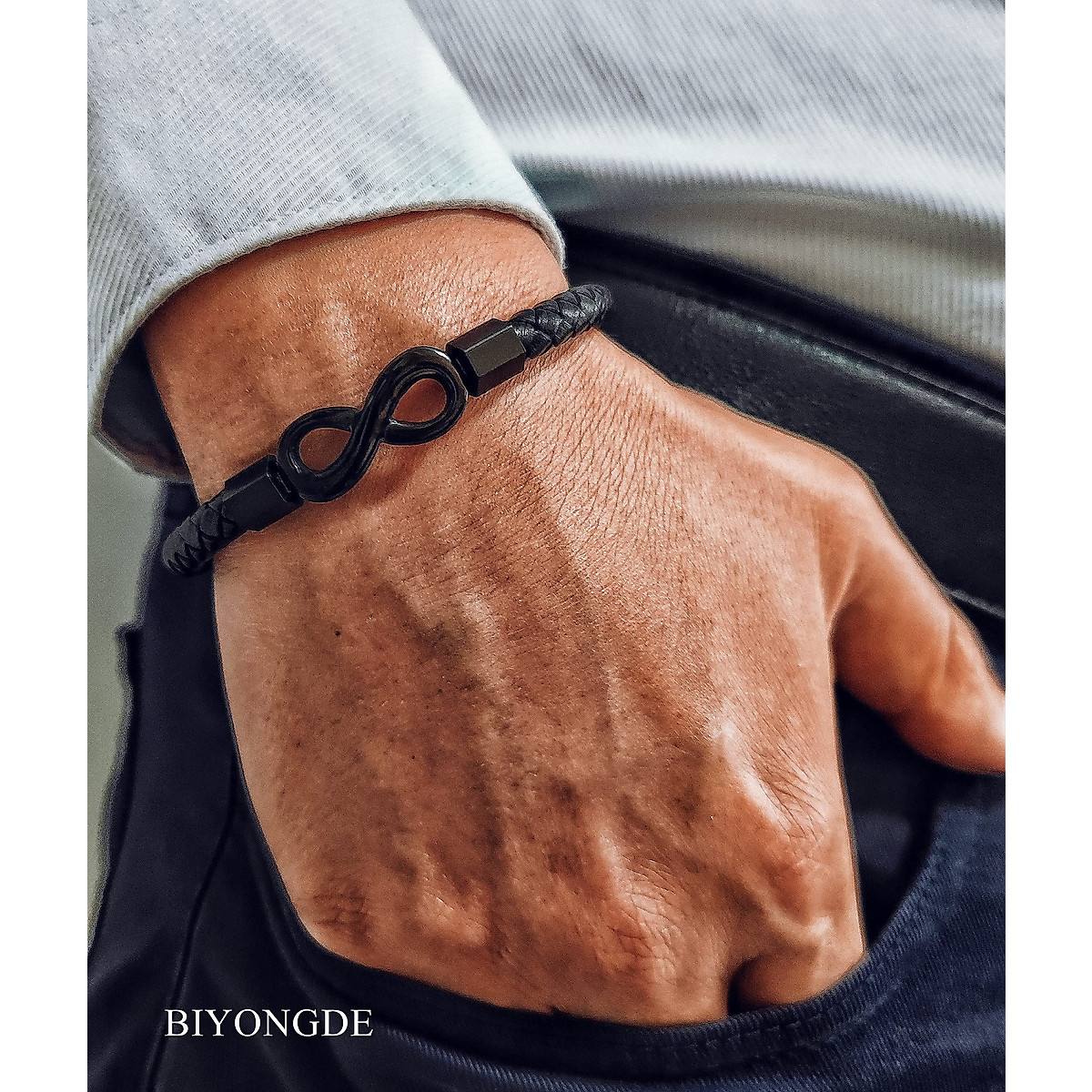 BIYONGDE Black Braided Leather Bangle Bracelet, Black Steel Friendship Infinity Love Knot Number 8, Mens Womens