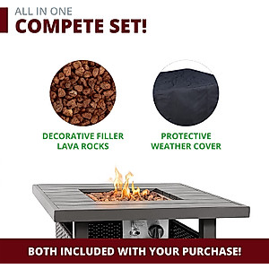 28" Propane Gas Fire Pit Table 50,000 BTU Square Propane Small Patio Auto-Ignition with Aluminum Tabletop and Weather Cover for Indoor Outside Patio and Garden, Backyard, Included Accessories-Grey