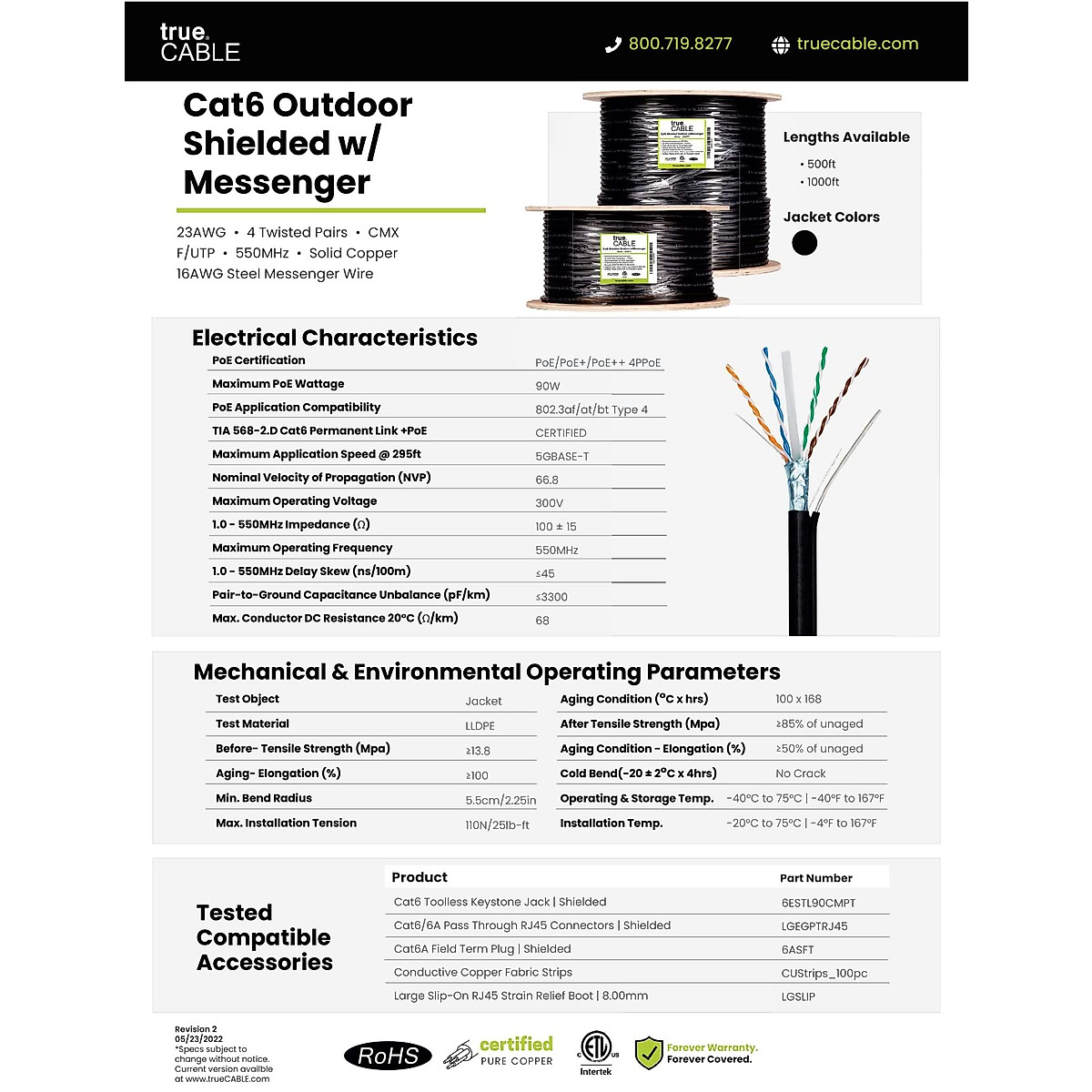 trueCABLE Cat6 Outdoor W/Messenger, Shielded FTP, 1000ft, UV, Aerial, CMX, Black, 23AWG Solid Bare Copper, 550MHz, PoE++ (4PPoE), ETL Listed, Bulk Ethernet Cable