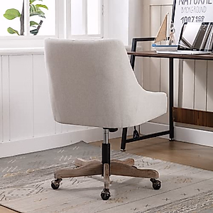 Swivel Home Office Chair, Modern Fabric Upholstered Tufted Accent Computer Desk Chair with Ergonomic Wide Backrest and Wooden Legs, Height Adjustable Swivel Vanity Chair for Office, Beige