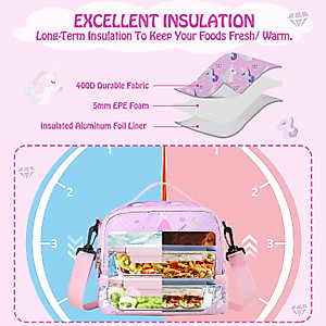 Lunch Bag for Kids, Insulated Lunch Box Cute Thermal Lunch Tote Bag with Dual Compartment and Removable Shoulder Strap, VONXURY (Pink Unicorn 2)