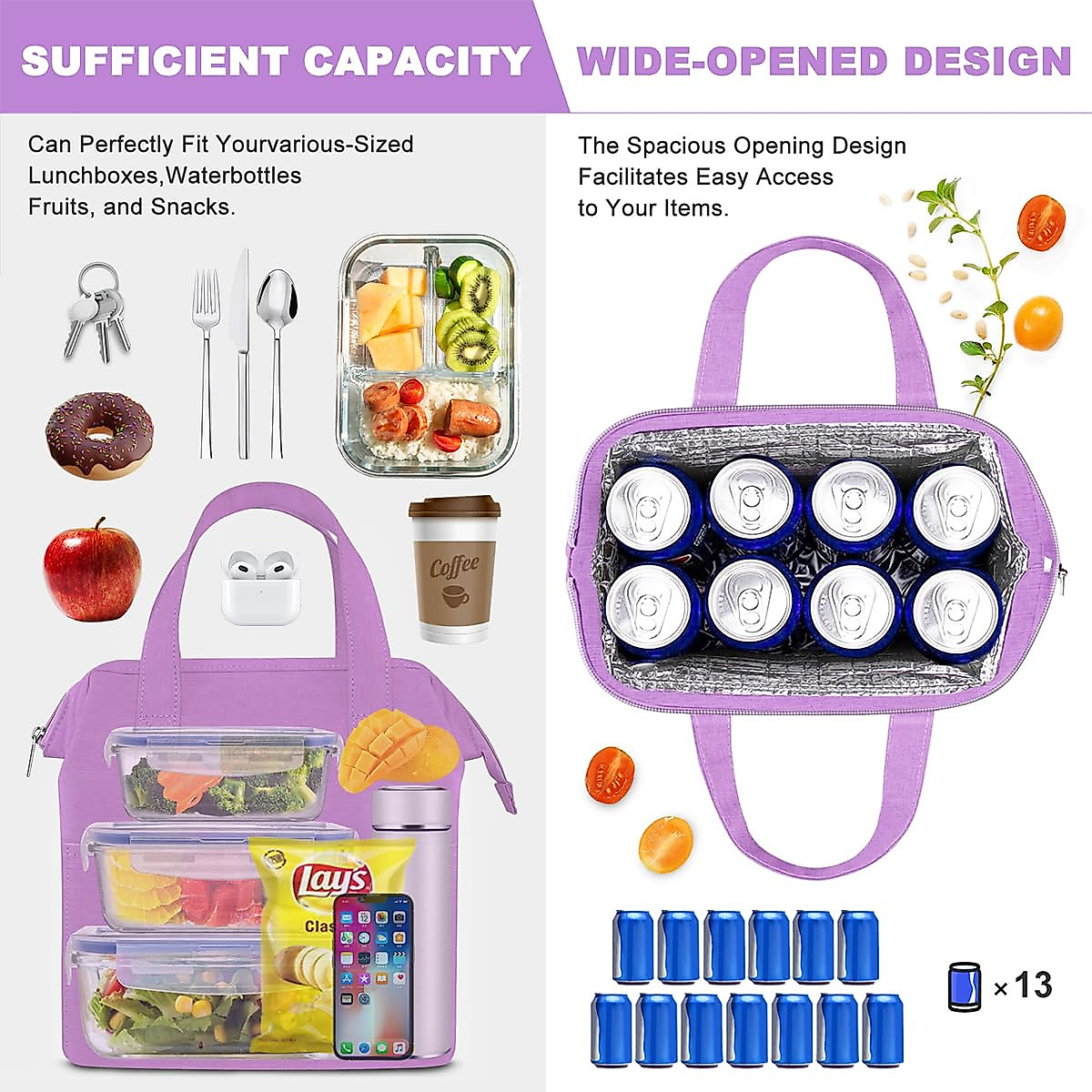 KUBYA Lunch Bag Simple Lunch Box for Women Men Insulated Lunch Bag & 1 Storage bag Simple Reusable Lunch Tote Bag for Work, Picnic Beach or Travel (Purple) LBMHS-04