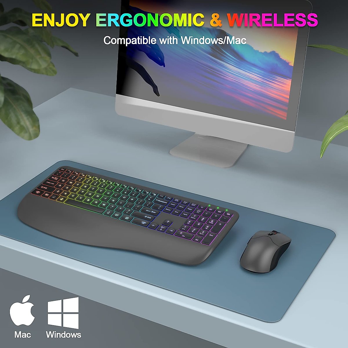 Wireless Keyboard and Mouse Combo with 7 Colors Backlit, Wrist Rest, 2.4G Rechargeable Ergonomic Full Size Light Up Wireless Keyboard and Mouse Set for Computer, PC, Mac, Laptop, Chromebook (Grey)