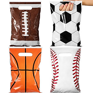 100 Pcs Football Sports Party Favor Bags Soccer Candy Gift Bags, Plastic Goodie Treat Bags Bulk with Handles for Baseball Basketball Theme Event Gift Bag Birthday Supplies Decorations