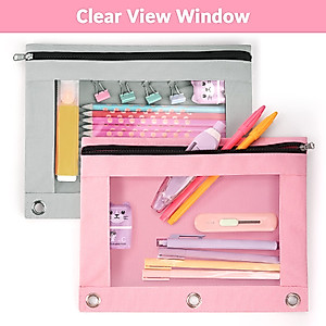 Sooez Pencil Pouch for 3 Ring Binder, 2 Pack Binder Pencil Pouch with Clear Window Pencil Bags with Zipper & Reinforced Grommets, Pencil Case for Binder Pink & Grey